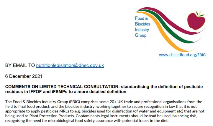 Food & Industry Biocides Group - Submission to DHSC on definition of p ...